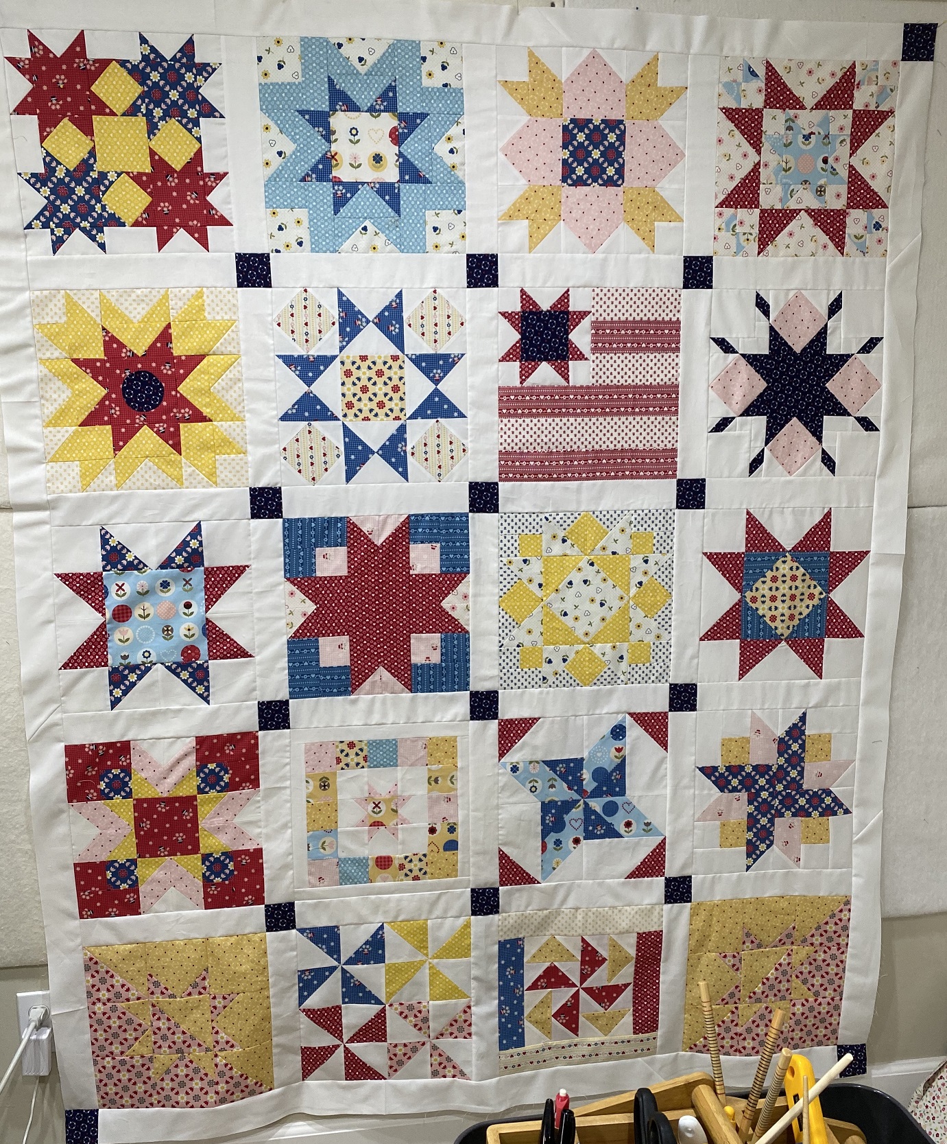 Sampler quilt with stars made by three friends - Pieced Brain